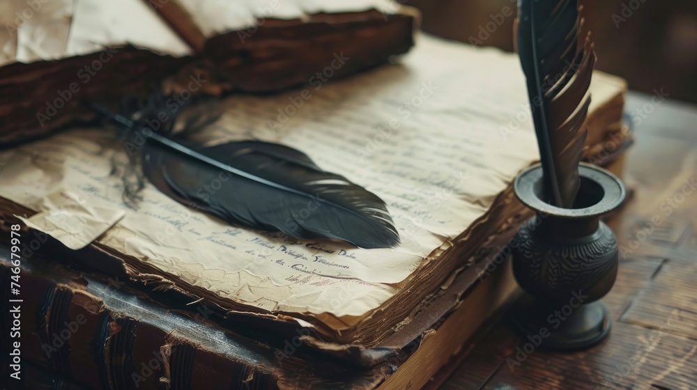 Historical quill and inkwell on an ancient manuscript Stock ...