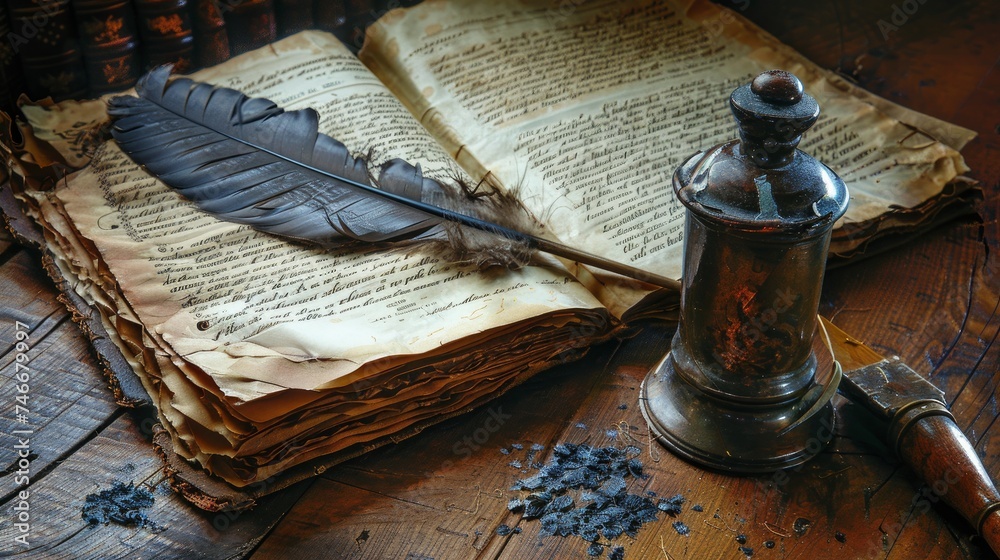 Historical quill and inkwell on an ancient manuscript Stock ...
