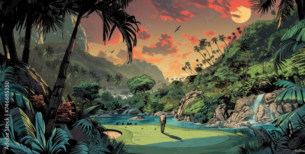 A comic book-style image shows the golfer's journey through lush green ...