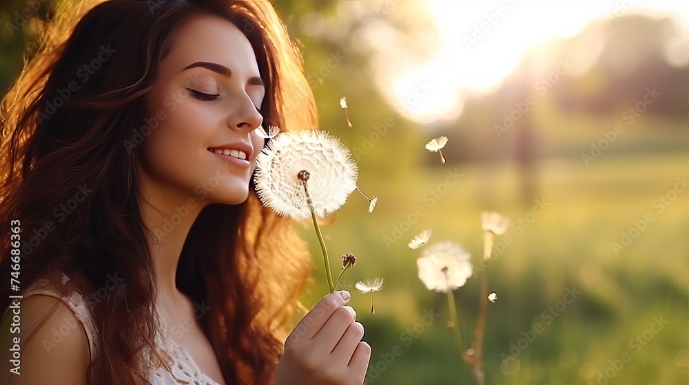 People in love with nature. Concept of serene woman side view holding ...