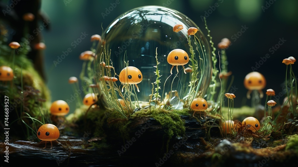 aliens in a bubble, in the style of cottagepunk, tender depiction of ...