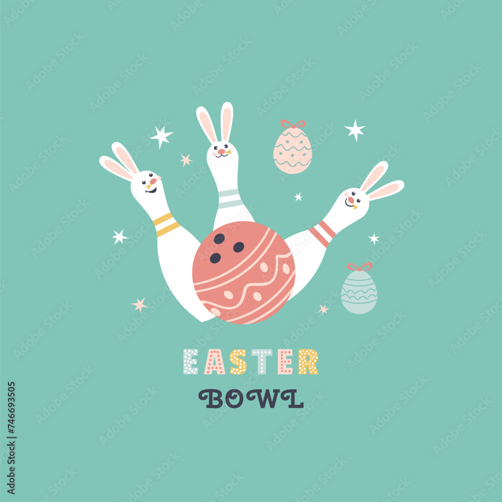 Easter Bowl festive cheer event cute design vector icon. Bowling pin ...