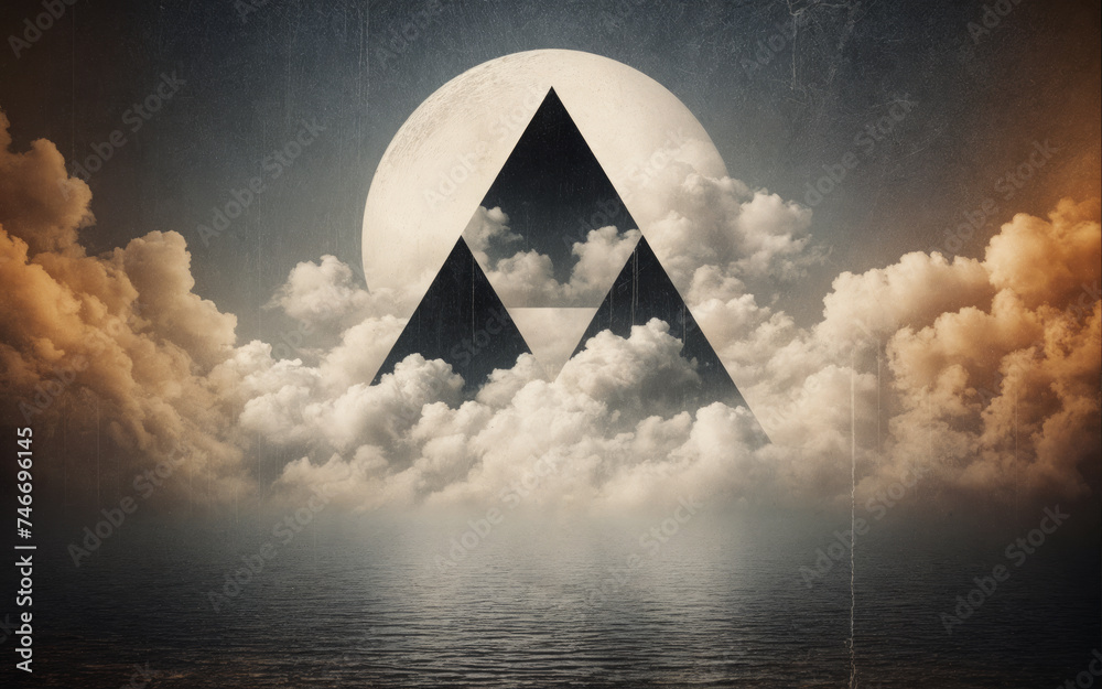 The image shows a surreal scene where the moon, a mysterious triangular ...
