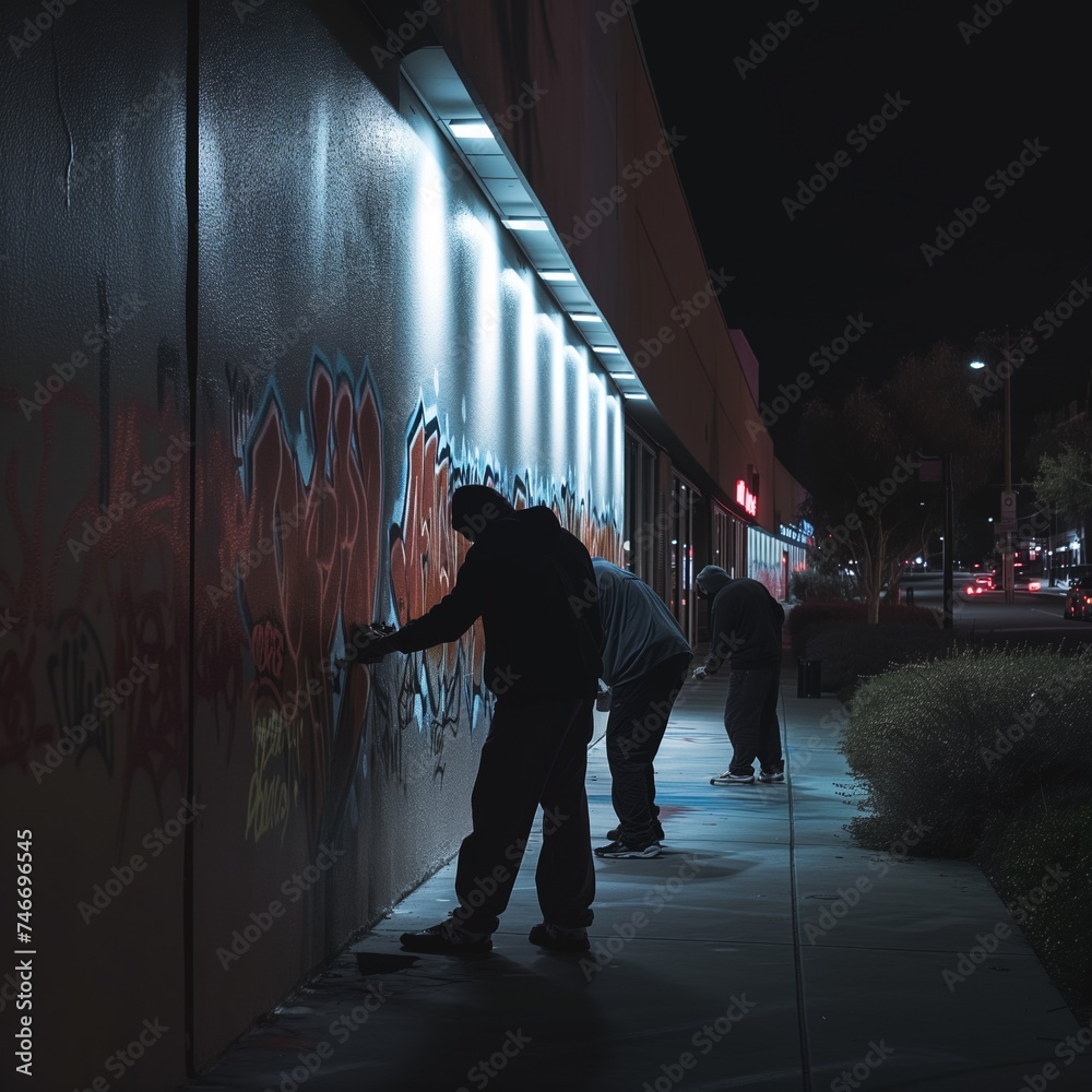 Realistic outdoor nighttime color photograph of a graffiti crew tagging ...