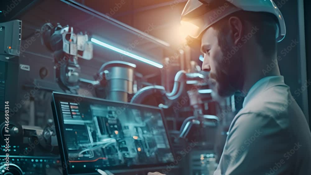 Robotic Process Automation engineer using laptop for smart factory automation software. digital ...