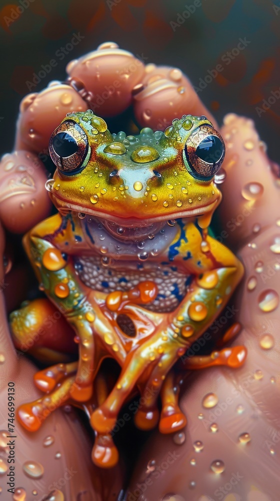 A glossy-skinned miniature frog with bulging eyes, nestled in a wet ...