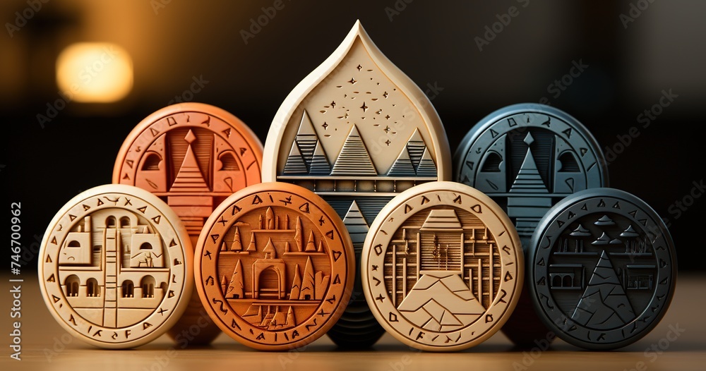 an image with five wooden pyramid icons with arrows in the middle, in ...