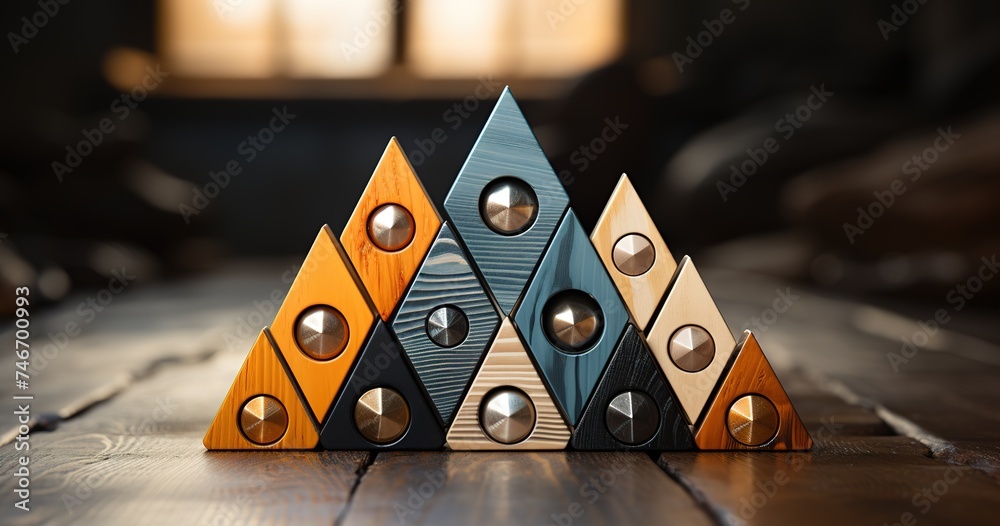 an image with five wooden pyramid icons with arrows in the middle, in ...