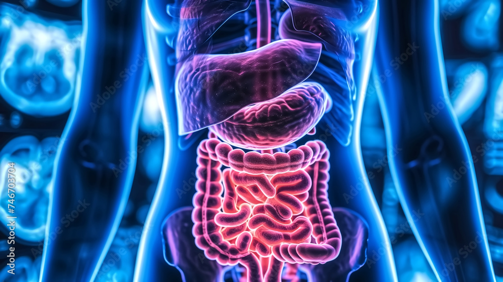 A detailed 3D rendering of the human digestive system, showing the ...