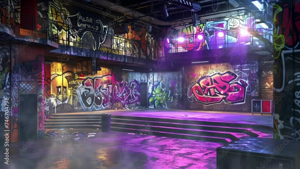 Vidéo Stock Graffiti-style artwork forms the vibrant backdrop for a hip ...