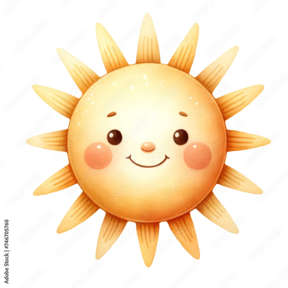 Watercolor illustration of Cute smiling cartoon sun with a friendly ...