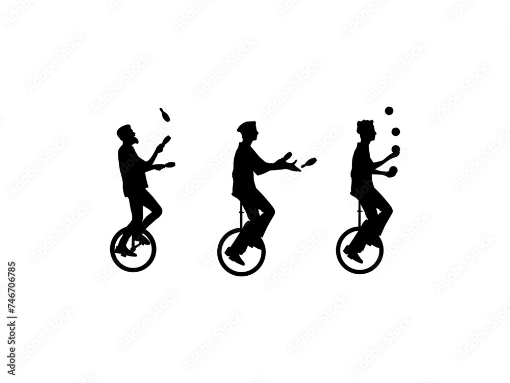 Magician riding unicycle. Juggler silhouette vector design and ...