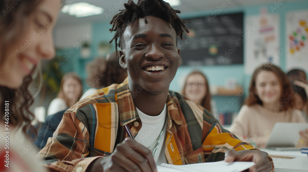 Smiling multiracial diverse students sit ta desk in classroom studying ...