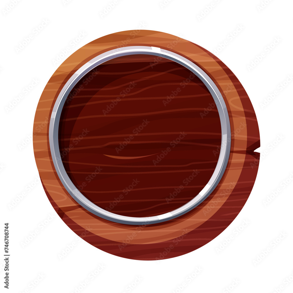 Wood circle panel with metal border, frame isolated on white background ...