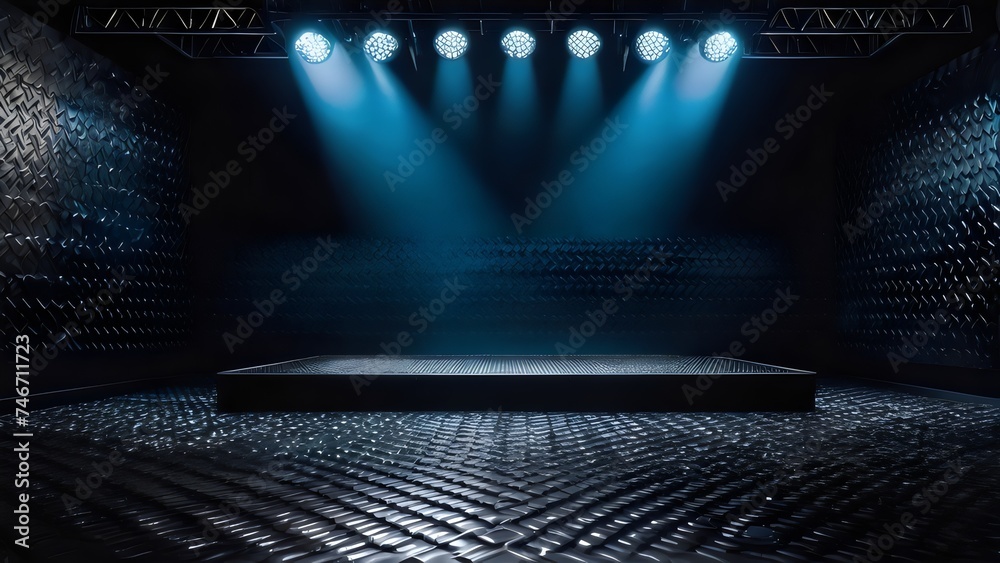 Captivating dark stage studio scene with neon lights, spotlights, and ...
