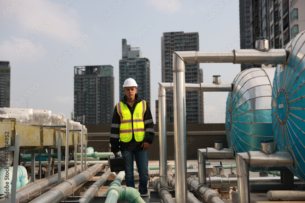 Male Mechanical engineer working with laptop inspecting quality ...