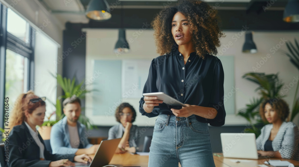 woman addressing a group of seated colleagues in a bright, modern ...