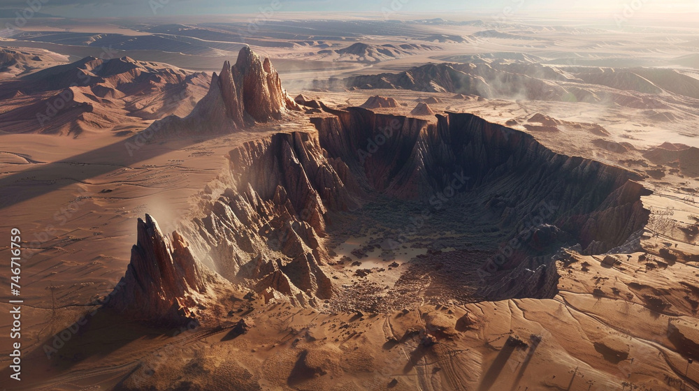 A haunting depiction of a desert terrains collapse forming a massive ...