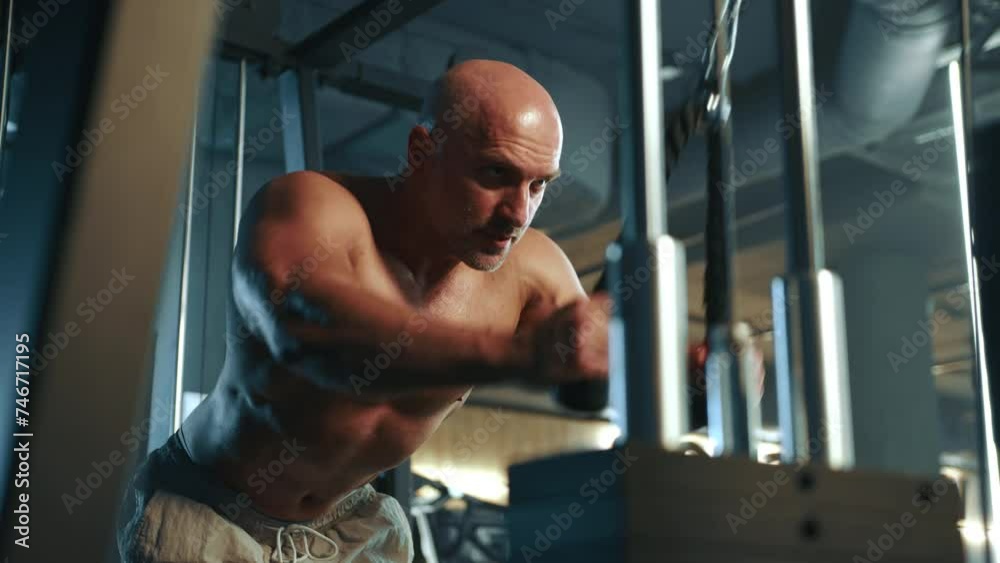 Bare Torsoed Bald Athlete Intensively Training On A Crossover Machine 6327