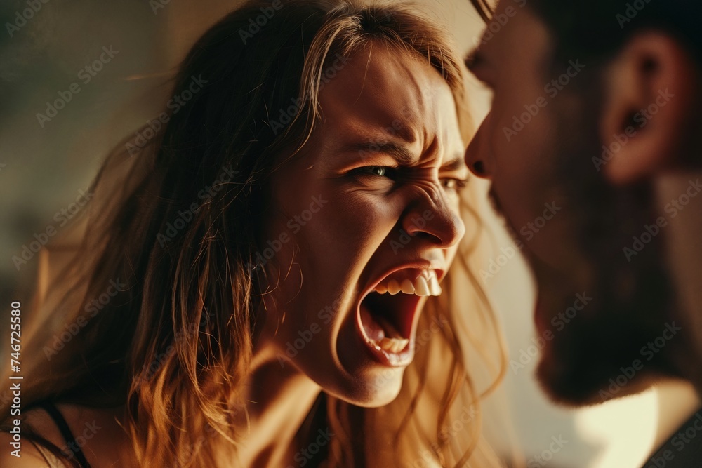 Angry young adult Caucasian woman yelling versus her husband on light ...