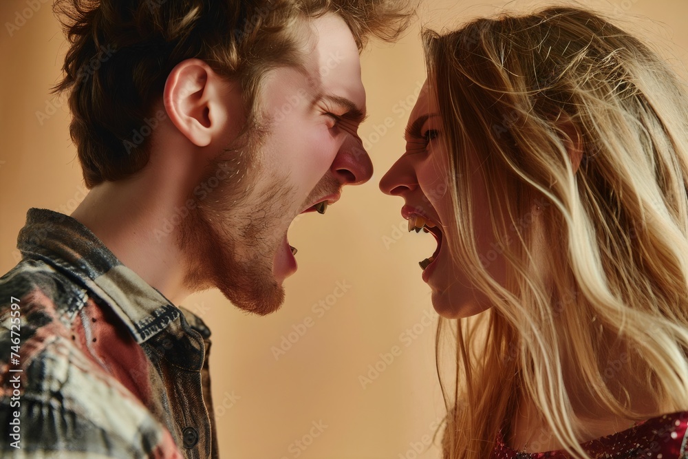 Angry young adult Caucasian woman yelling versus her husband on light ...