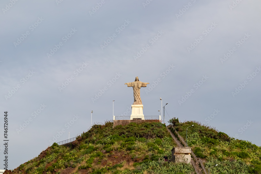 Wooden staircase to Cristo Rei statue on hilltop of Garajau, Canico ...