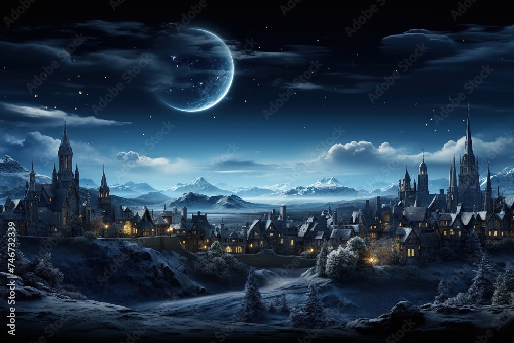 festive sky and town background jpg, in the style of white and indigo ...