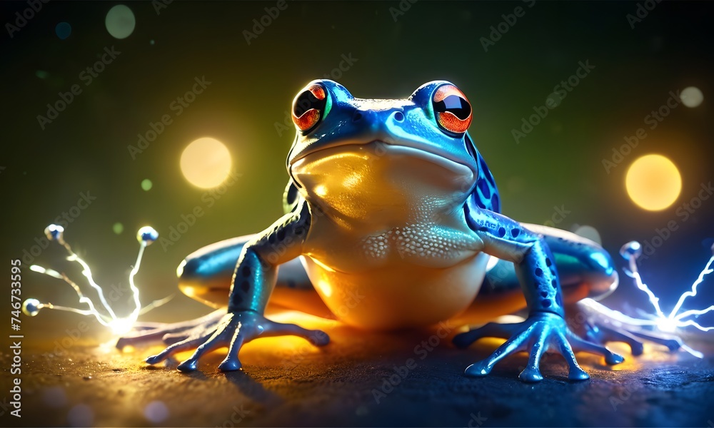 This image captures a blue frog aglow with a luminescent sheen ...