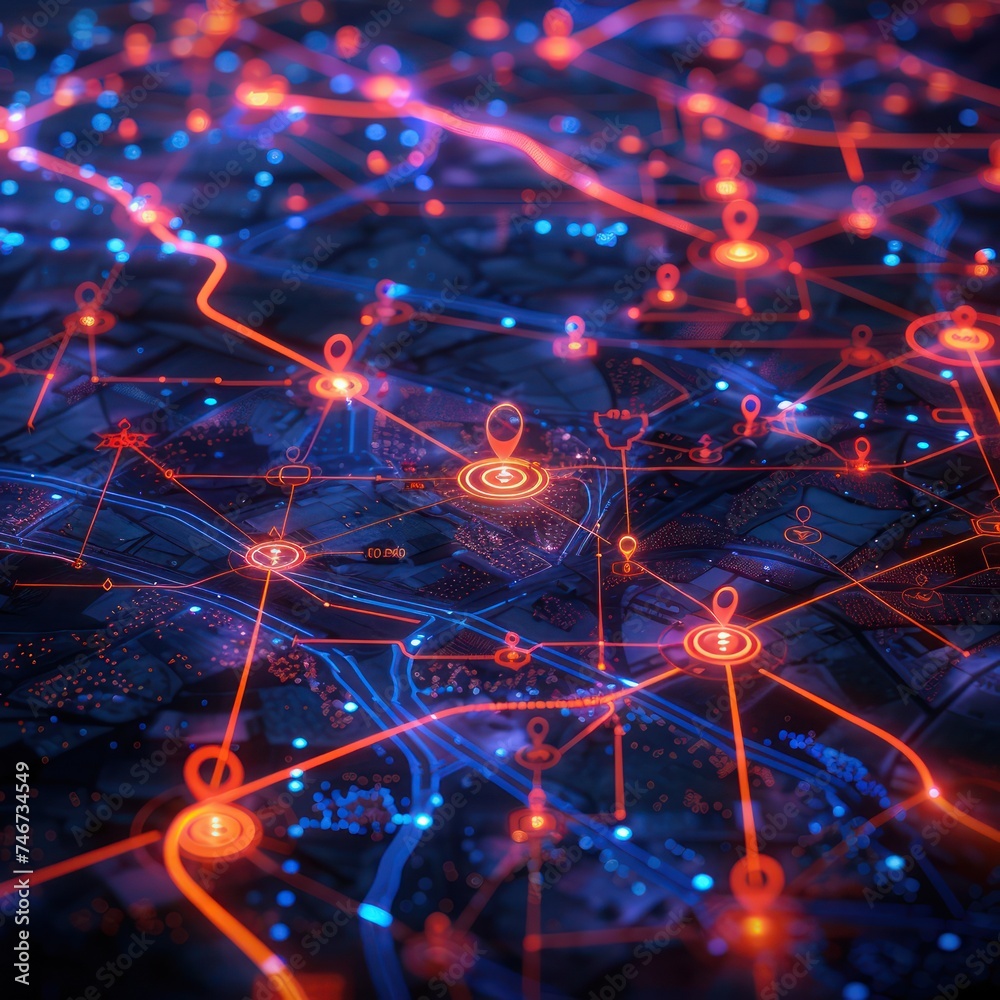 Medium shot Digital map of a smart citys IoT infrastructure glowing ...