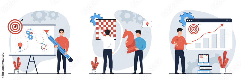 Strategic planning mega set. Bundle of scenes people analyze data ...