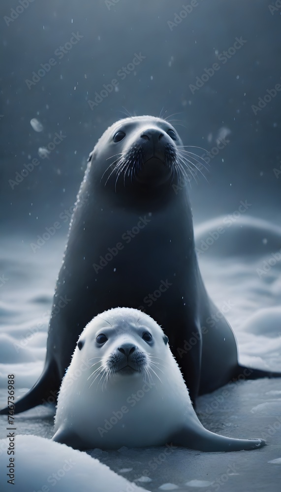 A group of seals is huddled together on a snowy surface, their curious ...