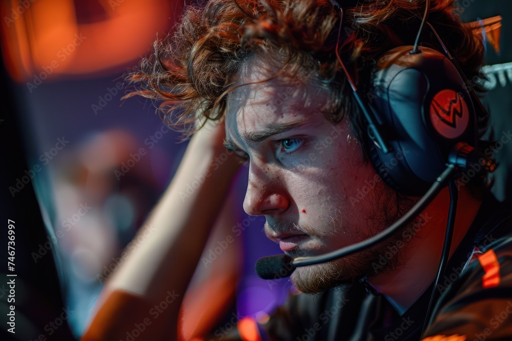 Close up A gamers expression of frustration after a critical mistake in ...