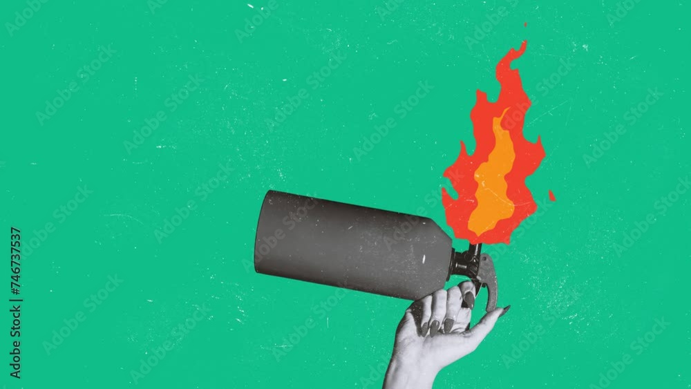 Stop motion, animation. Female hand opening fire extinguisher over ...