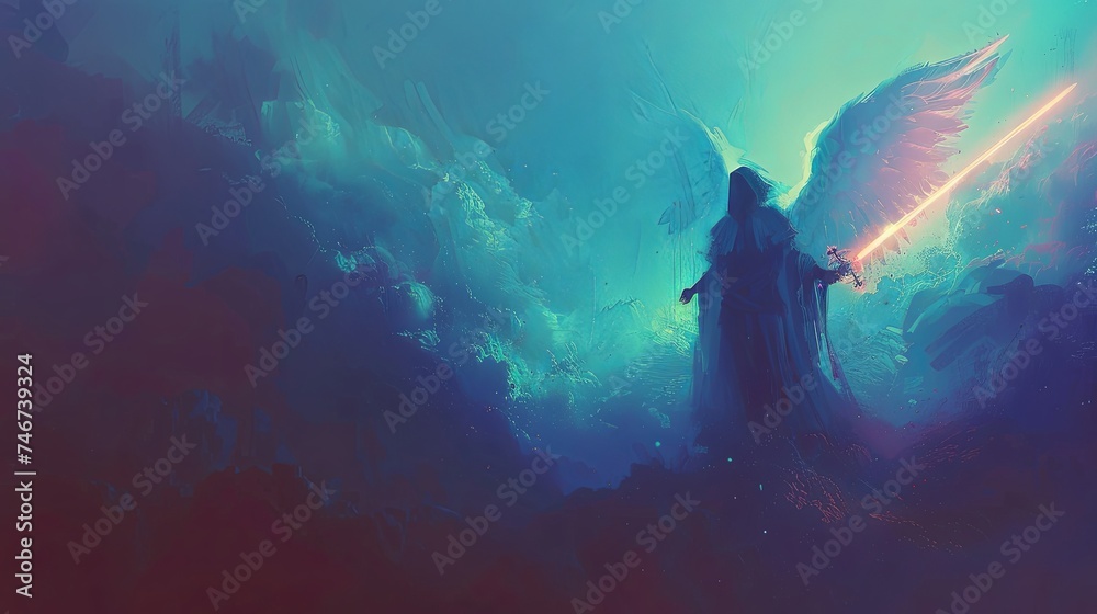 Angel with wings and sword descends from heaven. A medieval biblical ...