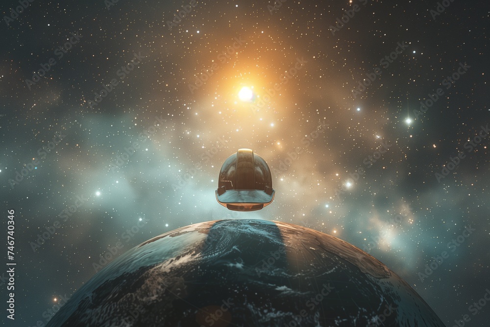 An artistic composition featuring a worker helmet floating above a ...