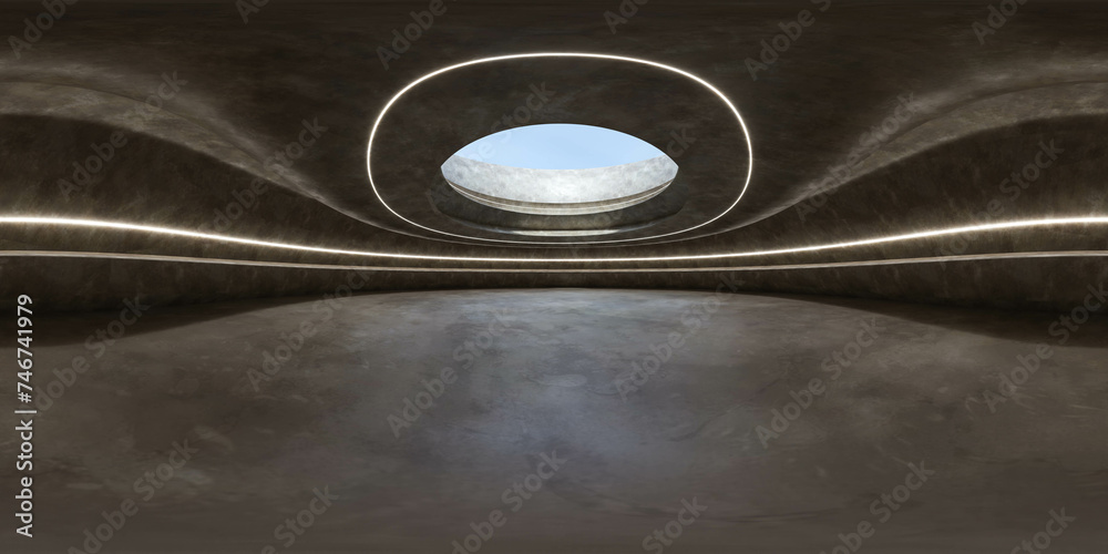 Modern tunnel interior with circular skylight and ambient lighting 360 ...