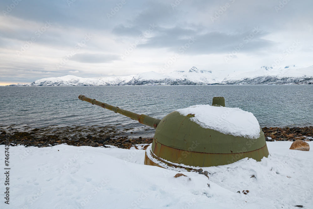 Naval gun battery of the second world war on the shore of Vestfjorden ...