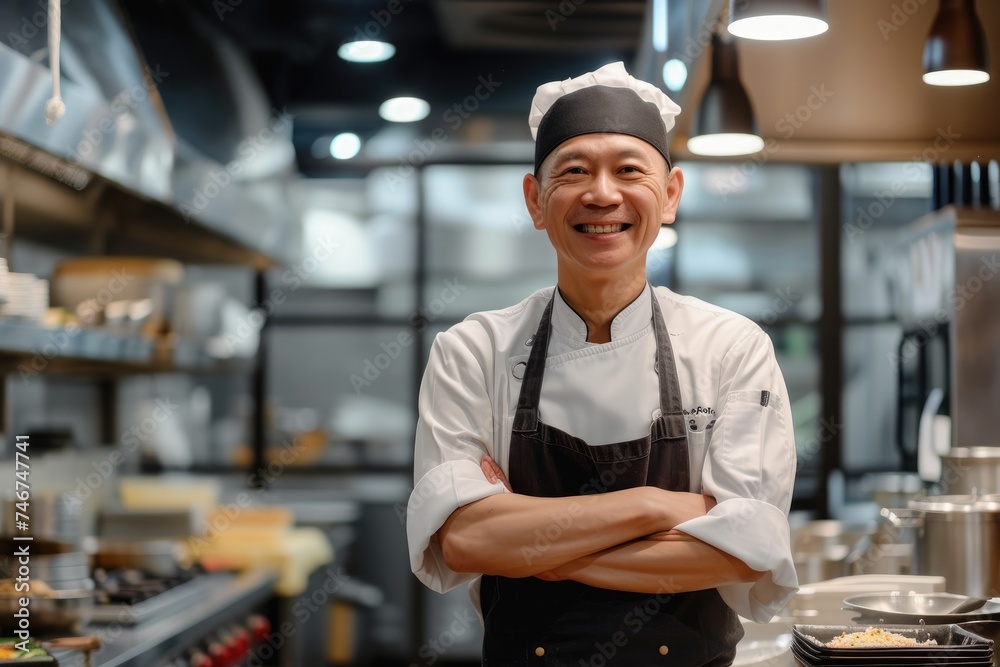 Smiling, confident chef with a white toque standing proudly in a ...