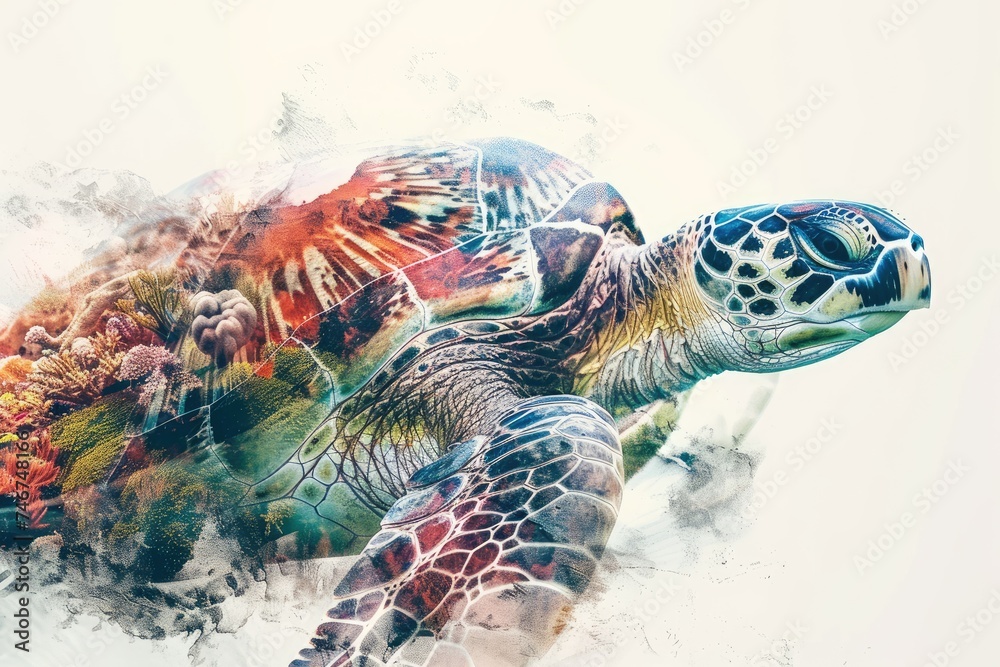 A sea turtle blending with the colors and textures of coral reefs in a ...