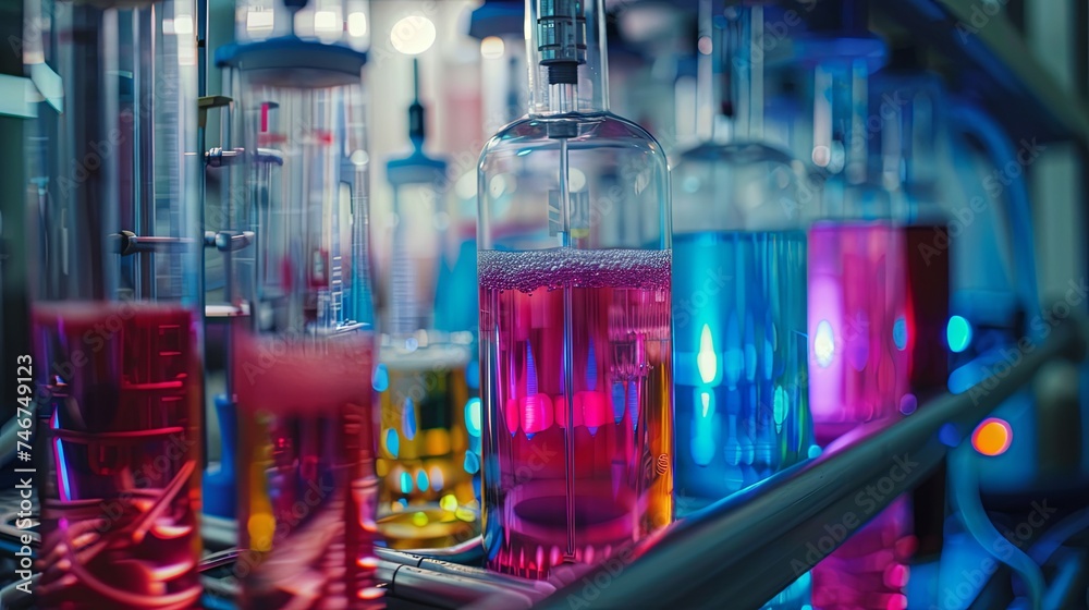 Colorful liquid samples in transparent bottles aligned on a laboratory ...