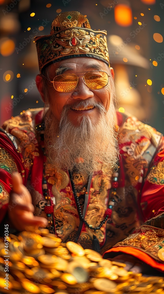Photography,Chinese God of Wealth, wearing gold sunglasses, smiling ...