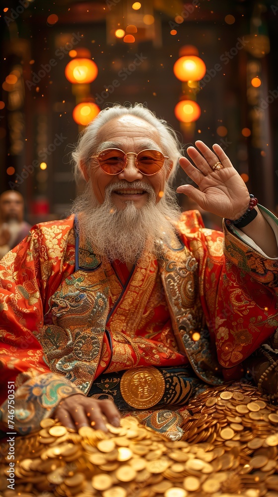 Photography,Chinese God of Wealth, wearing gold sunglasses, smiling ...