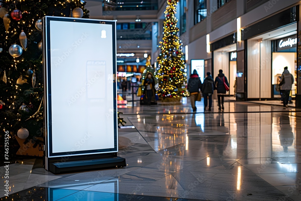 mock up large billboard in the mall with people walking past, indoor ...