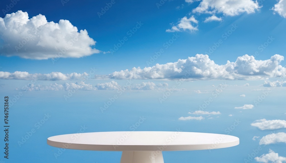 a white table sitting in the middle of a blue sky with white clouds in ...