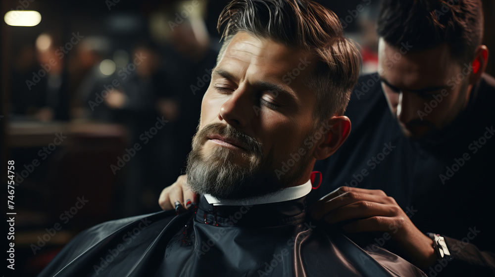Professional barber styling hair for a client at a barbershop. Stock ...