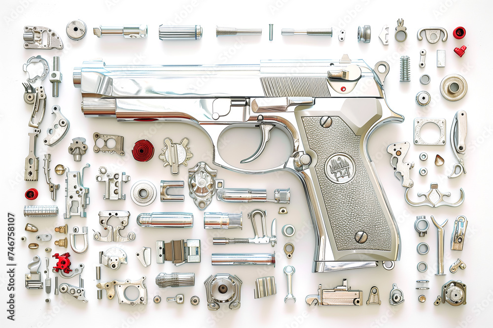 One handgun surrounded by disassembled gun parts and details. Layout ...