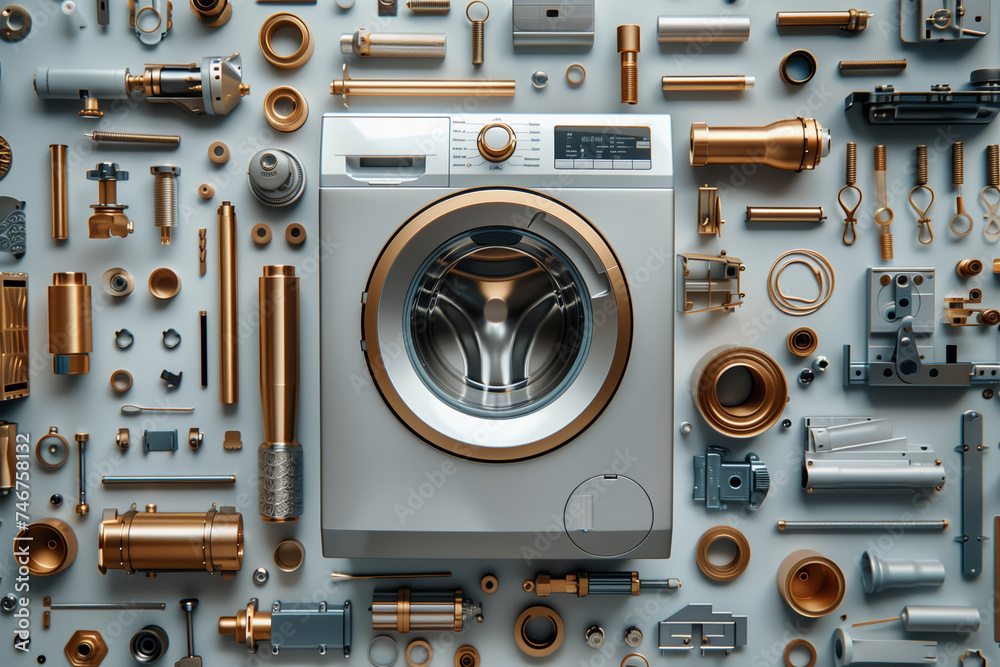 One washing machine surrounded by disassembled washing machine parts ...