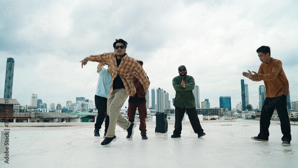 Professional break dance team practice B-boy dance while multicultural ...