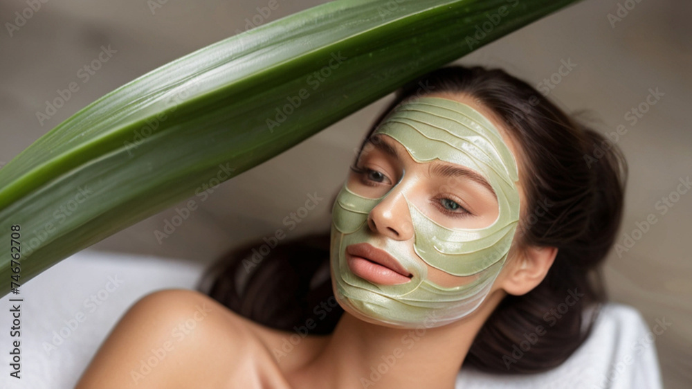 Gorgeous young woman with skin care green mask on her face, for ...