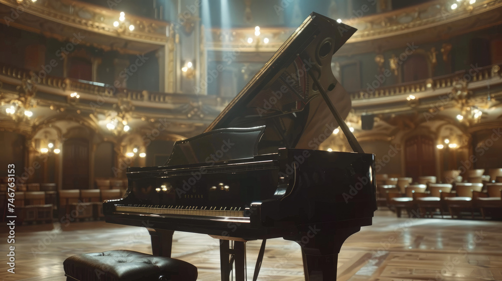 Classic grand piano on an opulent concert stage - A classical black ...